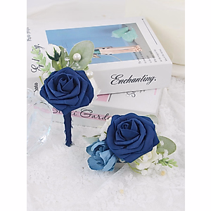 Rinlong Navy Blue Rose Corsage and Boutonniere Set for Men Wedding Homecoming Prom