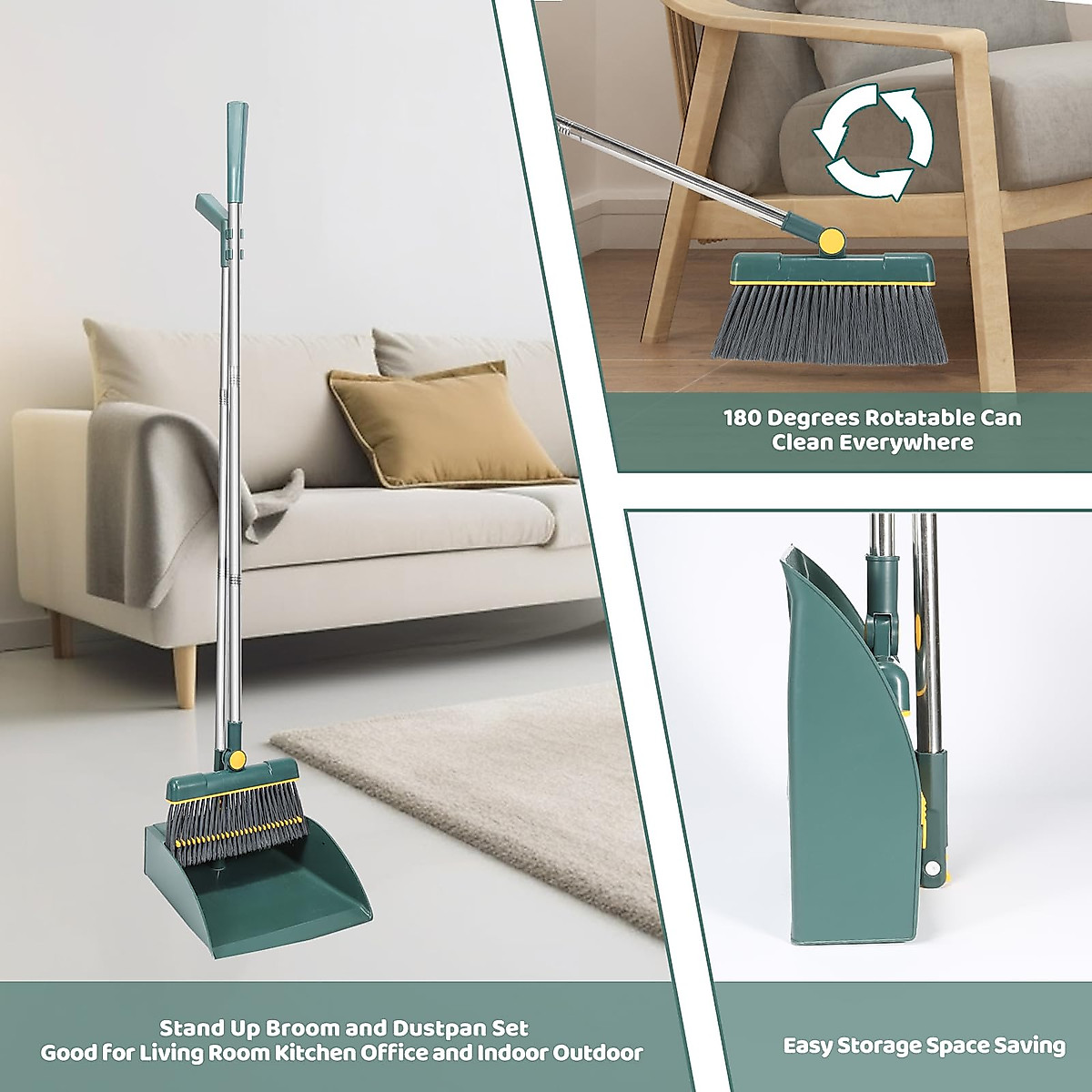 Broom with Dustpan Combo Set,180° Rotating Long Handle Broom and Dust Pan Set for Home Kitchen Office Indoor Outdoor Cleaning,Easy Storage.