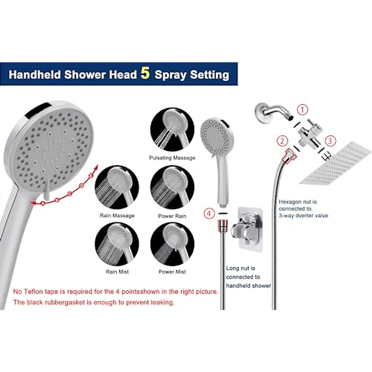 NearMoon Filtered Shower Head, High Pressure 8″Square, 5 settings Handheld Rain Shower Filter Combo with Self-adhesive Holder/1.5M Hose -1 Replaceable Filter Cartridge (Chrome Finish)