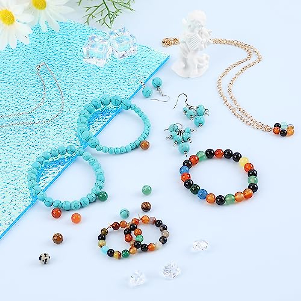 235 pcs Natural Round Stone Beads for Jewelry Making Kit Mixed Genuine Gemstone Beads Smooth Loose Beads Bulk Beading for DIY Bracelet Necklace Earrings, Turquoise, Agate, Tiger Eye, Aventurine(8 mm)