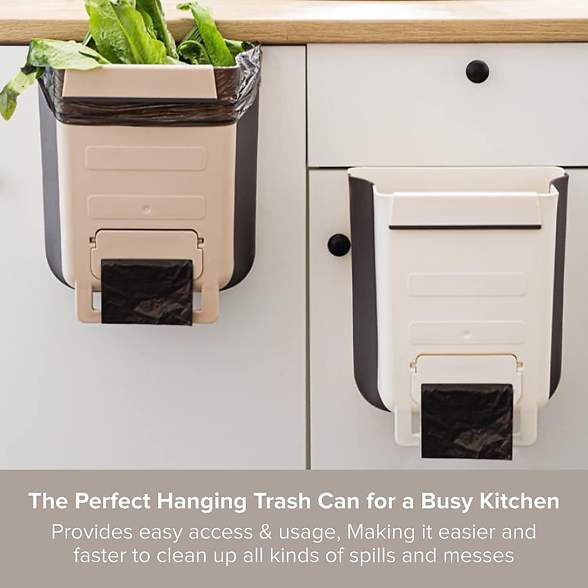 Hanging Kitchen Trash Can - Expandable Garbage Can for Kitchen Cabinet - Food Waste Trash Bin w/ Trash Bag Dispenser & Towel Hanger - Space-saving Compost Bin & Under Sink Trash Can | 9-Liter/2.4 Gal, Brown