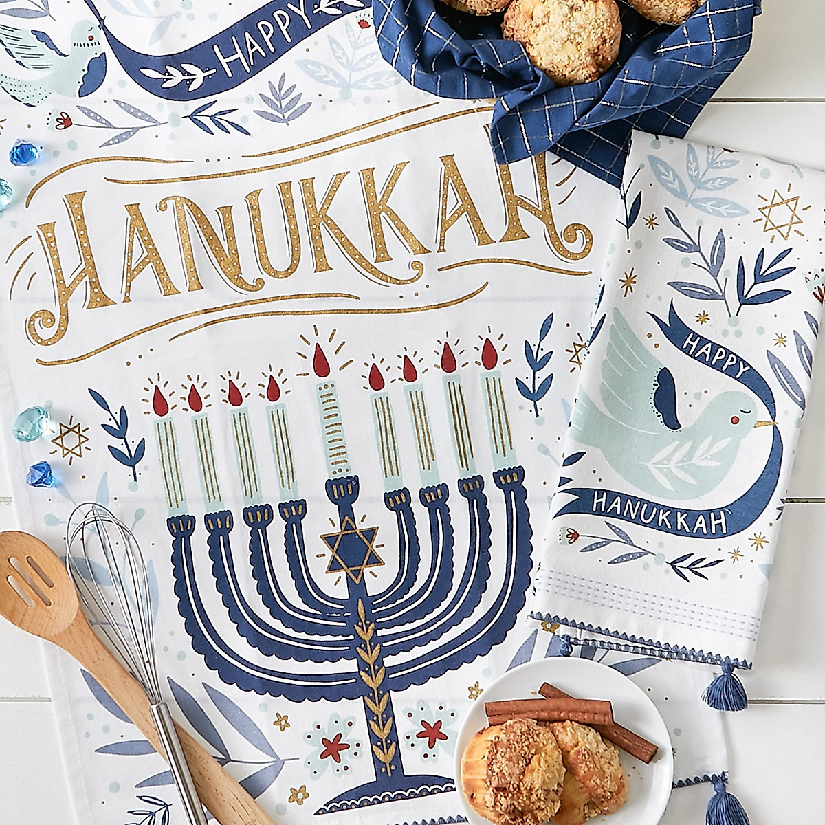 DII Hanukkah Kitchen Collection Festival of Lights Celebration Decor, Dish Towel Set, 18x28, Happy Hanukkah, 3 Piece