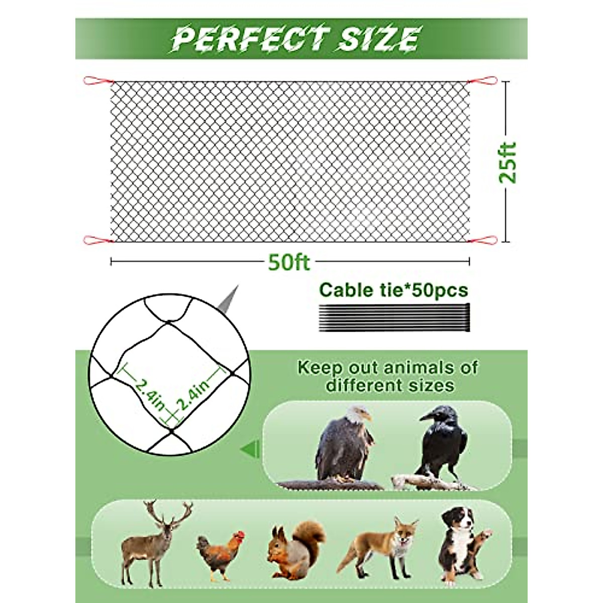 25 x 50 Ft Bird Netting with 2.4 in Square Mesh, Reusable Garden Netting for Chicken Coop, Nylon Poultry Net Deer Fence Netting for Protecting Vegetables Fruit Tree from Birds Squirrel