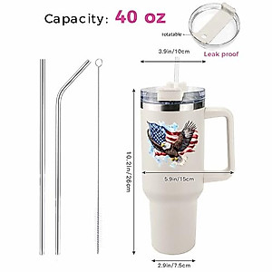 LB LEOBON 40 ounce insulated cup with handle, double-layer vacuum stainless steel material, equipped with straw, can keep warm or maintain cold drinks Eagle American Flag white