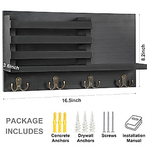Lwenki Key & Mail Holder for Wall - Rustic Natural Paulownia Wood, 4 Double-Hook Hangers - Wall Mounted Organizer for Decor, Bags, Accessories - Hardware & Manual Included (Black)