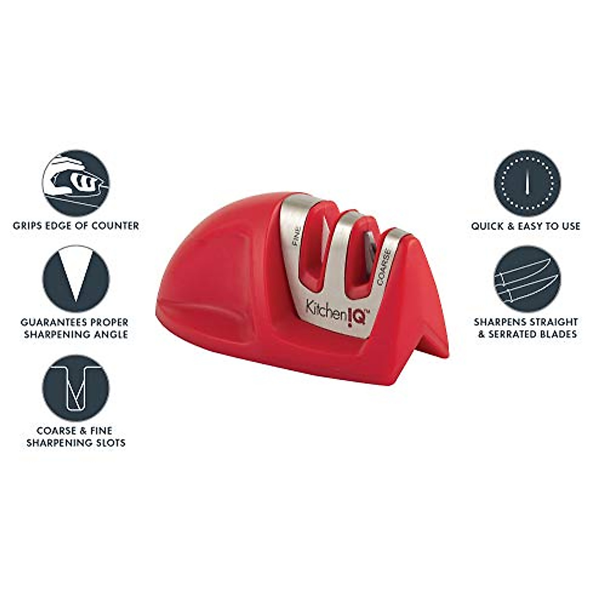 KitchenIQ 50883 Edge Grip 2-Stage Knife Sharpener, Red, Coarse & Fine Sharpeners, Compact for Easy Storage, Stable Non-Slip Base, Soft Grip Rubber Handle, Straight & Serrated Knives
