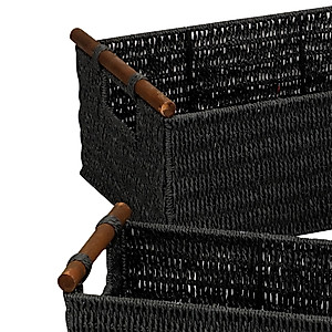 Household Essentials ML-7052 Paper Rope Wicker Storage Baskets with Wood Handles |Set of 3 | Black Stain