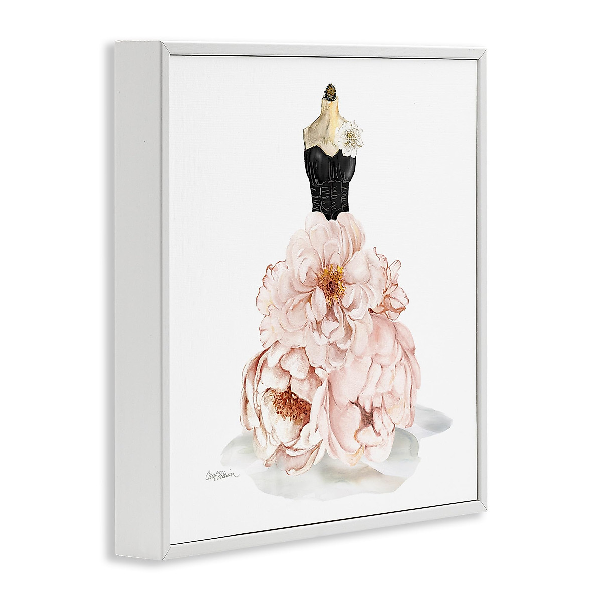 Stupell Industries Pink Peonies Floral Dress Black Corset Fashion Mannequin, Designed by Carol Robinson White Framed Wall Art, 24x24