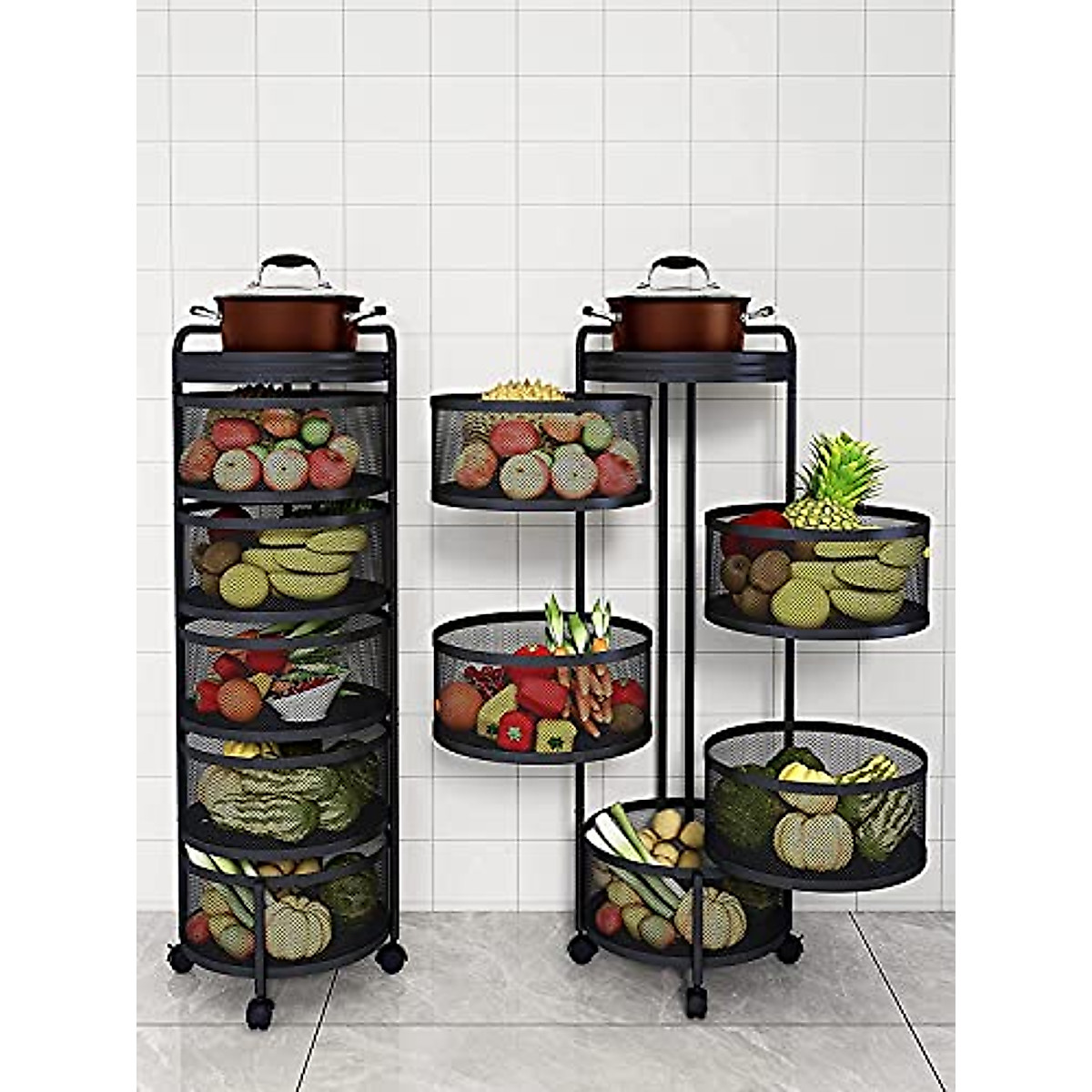 Lucklycabin Kitchen Storage Rack-Rotating Vegetable Rack Floor-Standing Multi-Layer Movable Organizer, Household Shelf for Living Fruit Snack Stand (5F, Black)