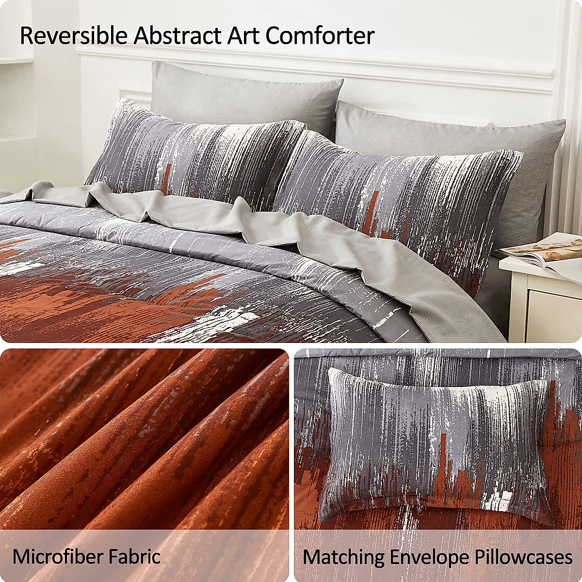 WONGS BEDDING Burnt Orange Comforter Set King, 7 Pieces Bed in a Bag Abstract Art Gradient Soft Microfiber Fall Terracotta Bedding - Comforter, Flat Sheet, Fitted Sheet, Pillow Shams,Pillowcases