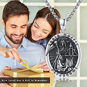 La Santa Muerte Necklace 925 Sterling Silver Mexican Grim Reaper Pendant Amulet Protection Santa Muerte Skull Jewelry Gift for Men Women (Silver)