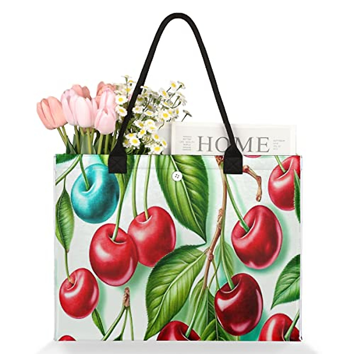cfpolar Cherry Reusable Grocery Shopping Bag with Hard Bottom, QQQBQQ Large Foldable Multipurpose Heavy Duty Tote with Zipper Pockets, Sustainable, Durable and Eco Friendly, Beach Bag