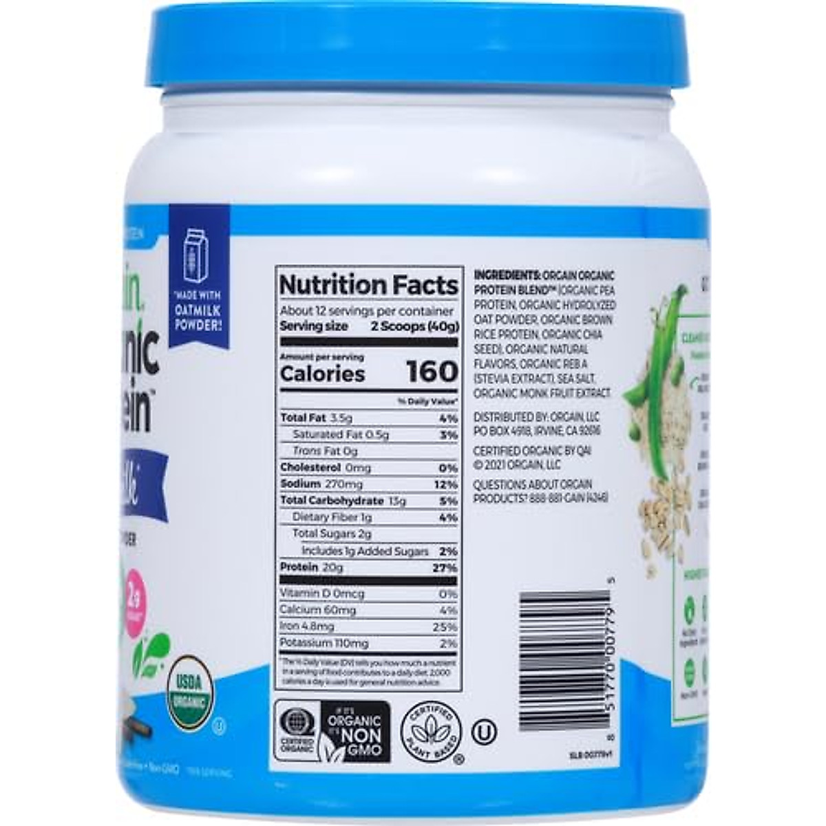 Orgain Organic Vegan Protein Powder + Oat Milk, Vanilla Bean - 20g Plant Based Protein, Gluten Free, Soy Free, Low Sugar, Non GMO, Kosher - 1.05lb