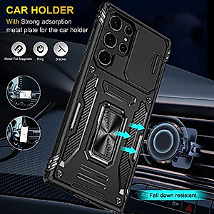 LKPINGAN for Samsung Galaxy S22 Ultra 5G Case with Slide Camera Cover &360 Degree Rotating Ring Kickstand, Military Grade Drop Protection Rugged Shockproof Case for Galaxy S22 Ultra 6.8 Inch Black