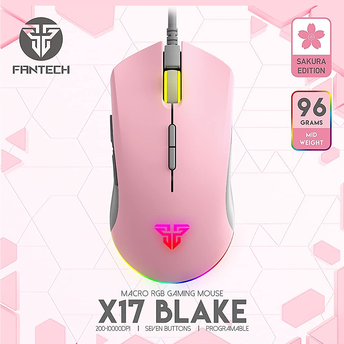 FANTECH Blake X17 Advanced Wired Gaming Mouse, 16.8 Million RGB Color Backlit, 10,000 DPI Optical Sensor, 7 Programmable Buttons, for Right or Left Hand Use, Pink (Sakura Edition)