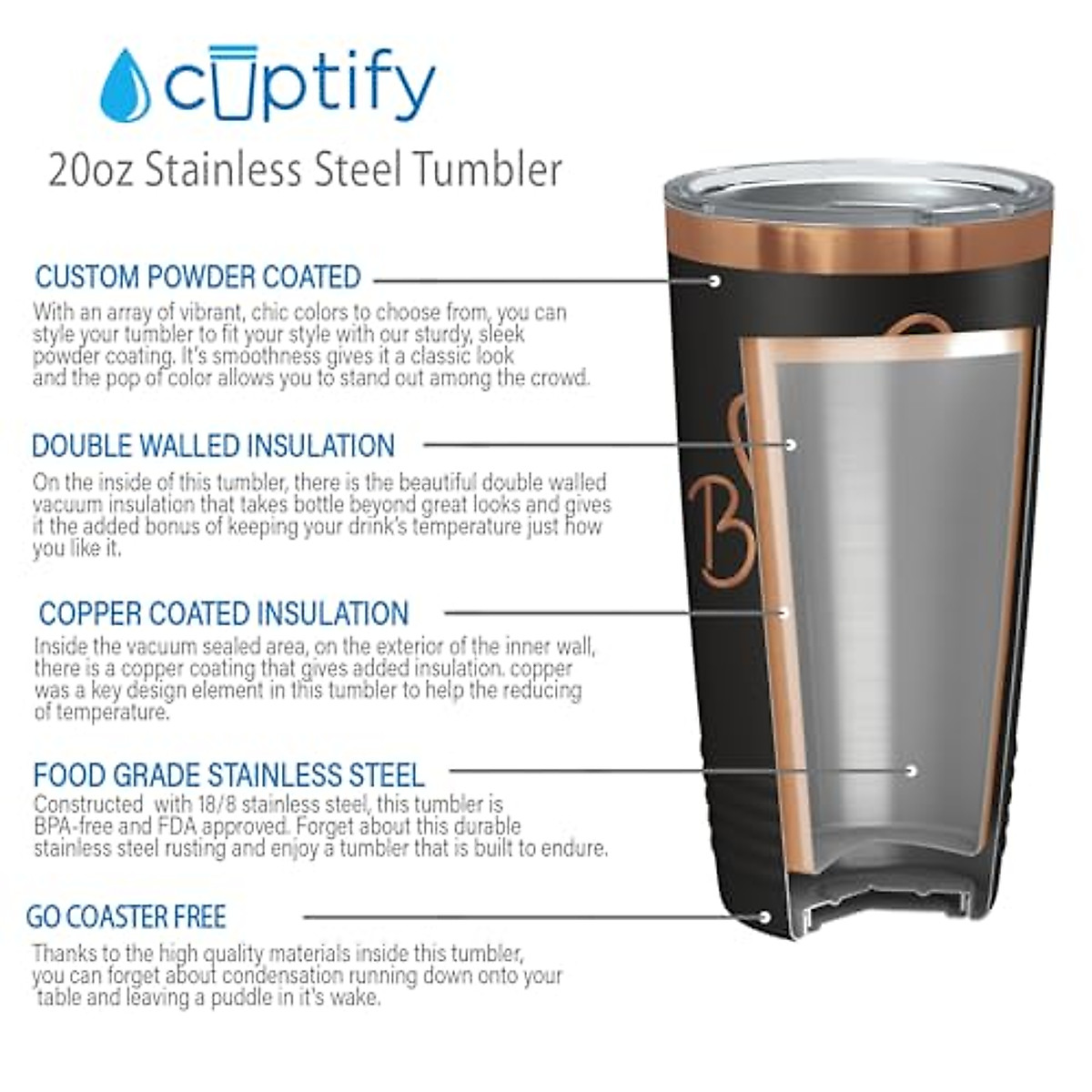 Boss Lady Big Heart Tumbler Birthday Gifts for Women, Coworker, Boss on Black with Ion Rose Gold Design 20 oz Stainless Steel Insulated Cup with Lid - Travel Mug for Mom