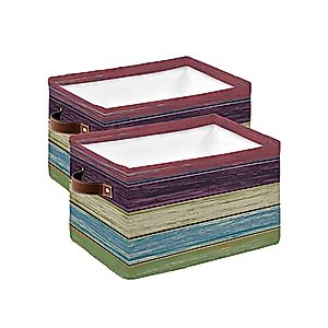 Storage Organizer Bins Set of 2 Storage Baskets for Clothes on Shelves With Handles Vintage Colorful Wood Grain Board Watercolor Wooden Plank Rectangular Fabric Laundry Baskets for Organizing
