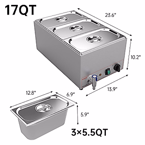 Valgus Commercial Stainless Steel Food Warmer 3 Sections 17 Qt Capacity Bain Marie, Electric Countertop Steamer with Lid and Water Tap for Home, Party, Catering, Restaurants
