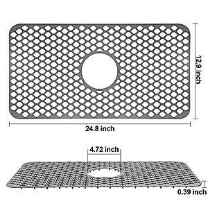 Silicone Sink Protectors for Kitchen - UFU Grey Silicone Sink Mat Grid Accessory with Center Drain, Kitchen Sink Protector（24.8"x 12.9"）