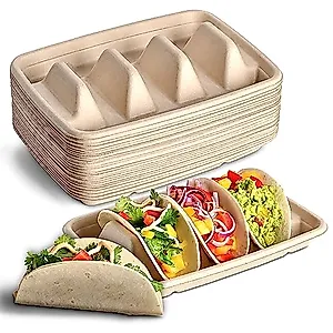 Kzeirm 24PCS Disposable Taco Holders for Party, Premium Paper Taco Plates with Dividers, Fiesta Taco Tray Holder, Taco Stands for 3 Tacos, Taco Tuesday Lazy Susan Taco Bar Serving Set for a Party