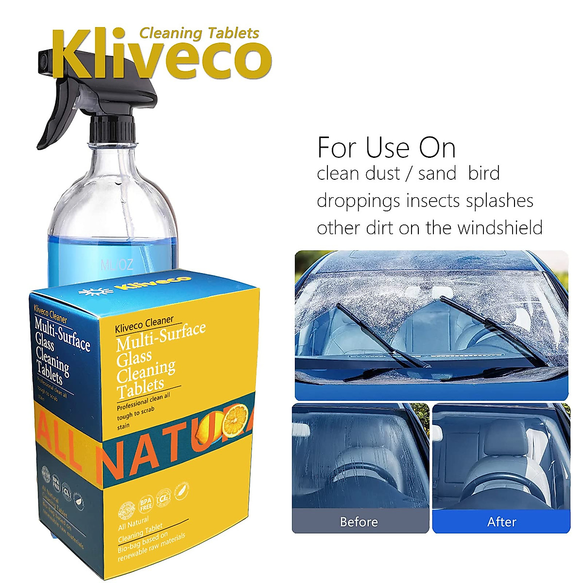 Kliveco 30PCS Car Windshield Washer Fluid Tablet,Windshield Wiper Fluid,Window and Glass Cleaner Effervescent Tablets,1 Pack Makes 33 Gallons,car,Home(Winter: Use With De-icer or Methanol)