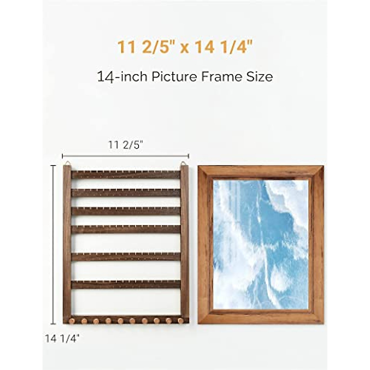 Mymazn Easy Assemble Solid Walnut Wood Earring Wall Holder Hanging Jewelry Organizer Necklace Holder Earring Hanger Wall Mount Jewelry Organizer for Necklaces Rings Scruncies Organization