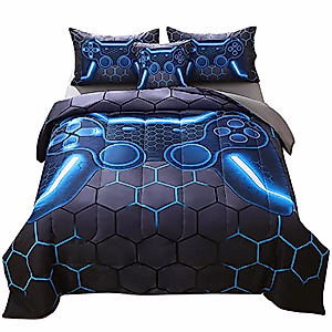 JQinHome Full Gamer Comforter Set,6 Piece Bed in A Bag 3D Video Game Bedding -All Season Down Alternative Gamer Bedding Sets - (Blue Game Controller)