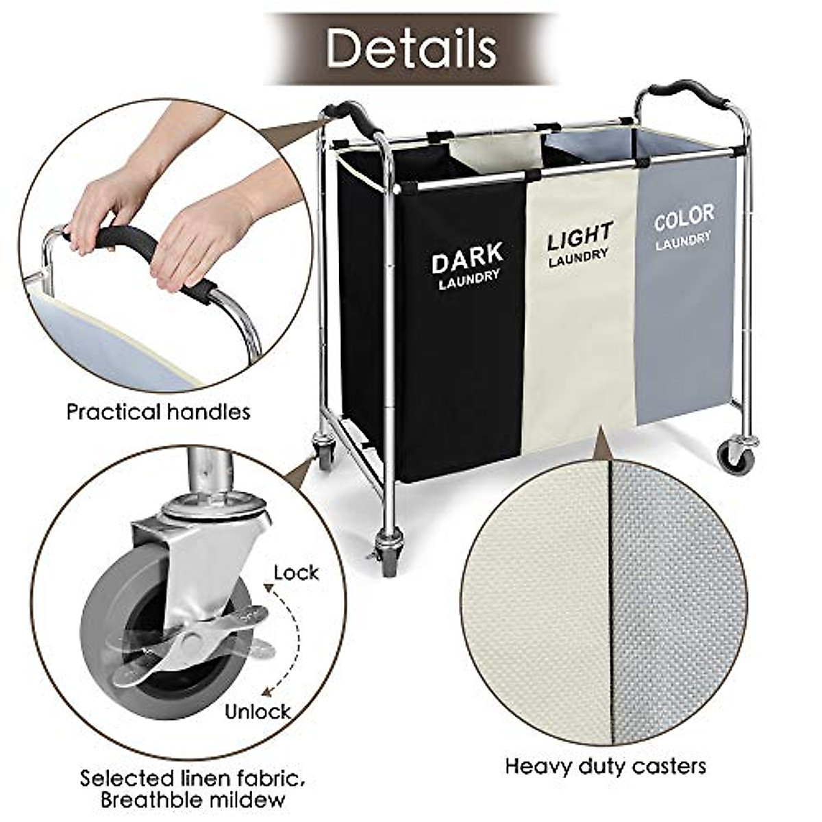 Laundry Hamper, Large Storage Basket Sorter 3 Section Bag Organizer for Dirty Clothes - Toys - Towel,16 X 30 X 35 inch Heavy Duty Laundry Cart Baskets with Wheels in Laundry Room Organization (white)