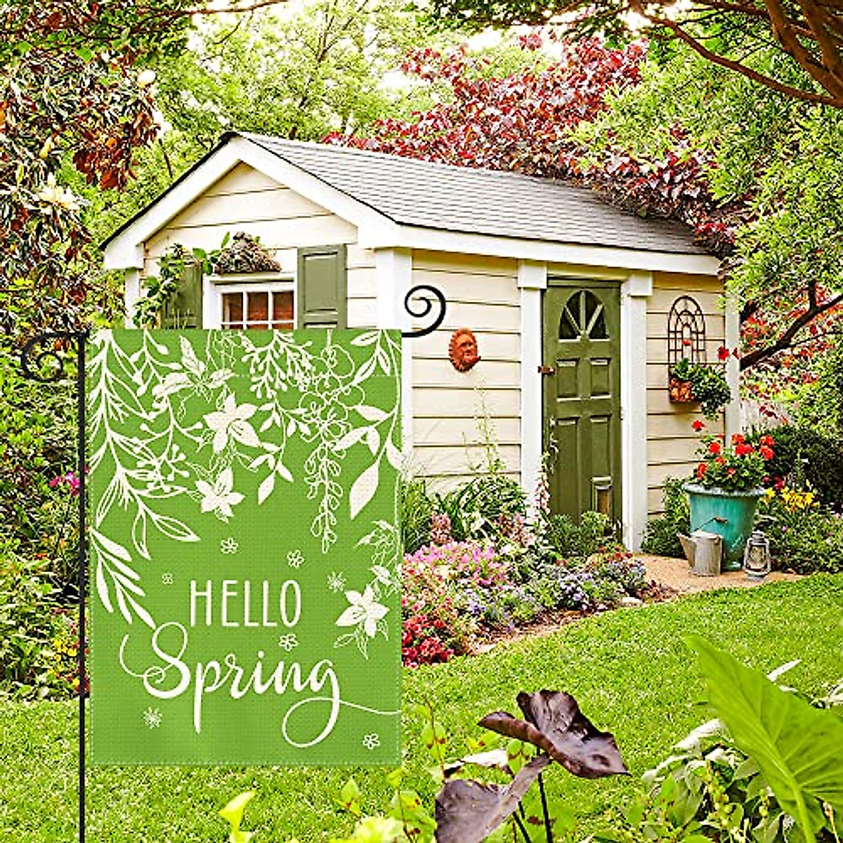 AVOIN colorlife Hello Spring Floral Garden Flag 12x18 Inch Double Sided Outside, Green Seasonal Yard Outdoor Flag