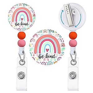 Einzelnn Be Kind Rainbow Badge Reels Retractable with Silicone Beaded Beads, Heavy Duty ID Name Tag Badge Clips Keychain for RN Nurses Nursing Teacher Office Work Business Women Gifts
