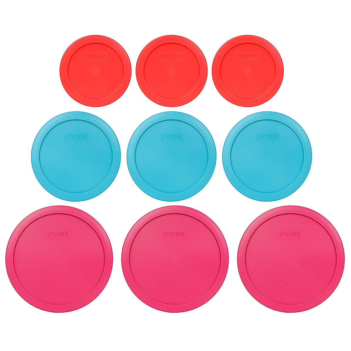 Pyrex (3) 7402-PC 6/7 Cup Fuchsia (3) 7201-PC 4 Cup Surf Blue (3) 7200-PC 2 Cup Red Replacement Food Storage Lids Made in the USA