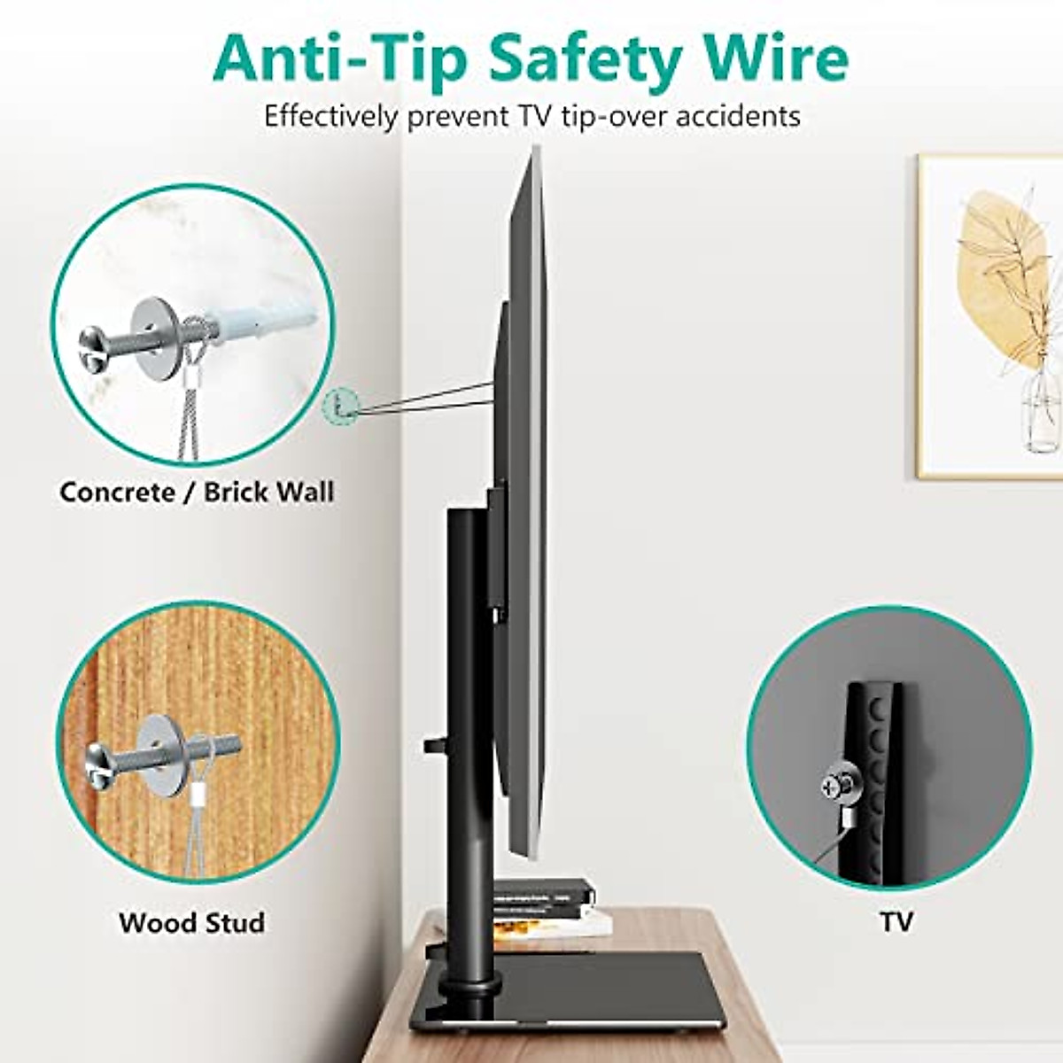 WALI Universal TV Stand, Table Top TV Stand for 32 to 47 inch Flat TV, Height Adjustable TV Mount with Tempered Glass Base and Security Wire, 88lbs Weight Capacity (TVDVD-01), Black