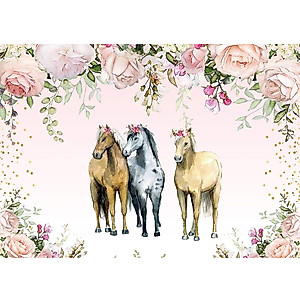 Pink Flower Countryside West Cowboy Cowgirl Horse Theme Photography Backdrop 5x3ft Children Boy or Princess Girl Birthday Photo Background Baby Shower Party Supplies Banner Cake Table Decor Vinyl