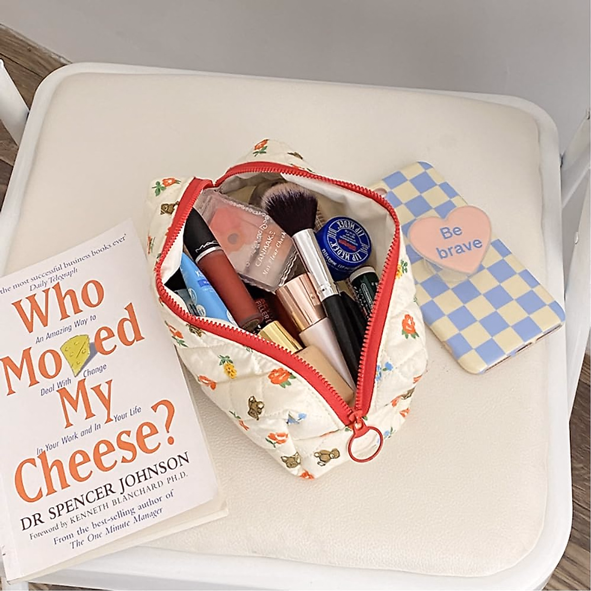 BILIPOPX 3 Pack Kawaii Cute Makeup Bag Bear Aesthetic Travel Quilted Cotton Cosmetic Bag Organizer Toiletry Pouch for Women Teen Girls (Bear Flower)