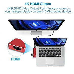 Wavlink USB-C Hub Aluminum Type-C Adapter for Apple MacBook Pro 2016 and 2017-40GB/S Thunderbolt 3 5K@60Hz, USB-C Data Port, 2 USB 3.0, SD/Micro SD Card Readers with Leather case-Red