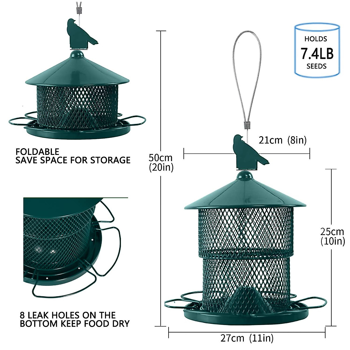 Metal Bird Feeders for Outside,Squirrel Proof Outdoors Hanging Bird Feeder, 7.4LB Capacity,6 Perches, Heavy Duty Mesh Birdfeeders for Cardinals, Finches-Green