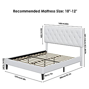 TTVIEW Upholstered Queen Bed Frame with Button Tufted Headboard, Modern Faux Leather Platform Bed with Wooden Slat Support, No Box Spring Needed, Sturdy and Noise-Free, Easy Assembly, White