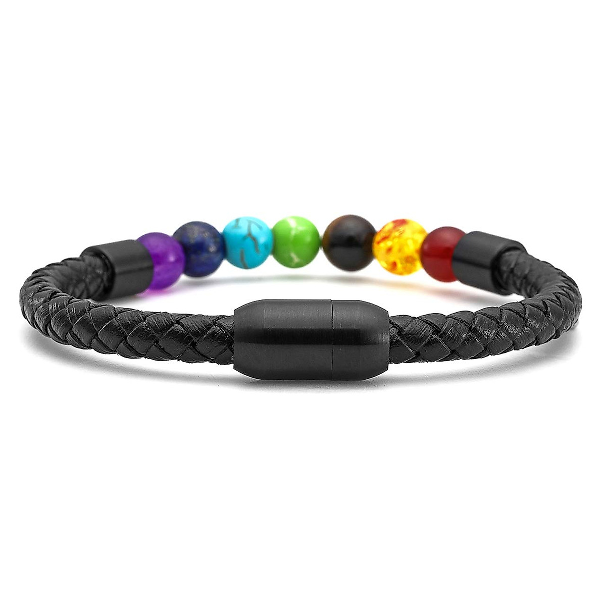 Jovivi 7 Chakra Beads Bracelet Healing Crystals Stone Energy Beads Balancing for Men Women Leather Cuff Bracelets Stainless Steel Buckle