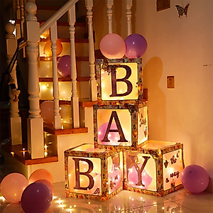 Spring Butterfly Baby Shower Boxes Decorations for Girl, Pink Baby Balloon Boxes with Letters and Light for Baby Shower Gender Reveal Party Supplies, Baby Blocks for 1st Birthday Party Decorations