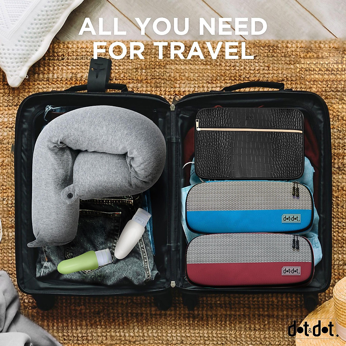 Dot&Dot Twist Memory Foam Travel Pillow for Neck, Chin, Lumbar and Leg Support - Neck Pillows for Sleeping Travel Airplane for Side, Stomach and Back Sleepers - Adjustable, Bendable Roll Pillow