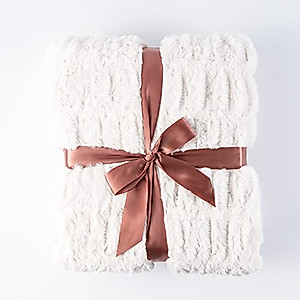 Luxury Concepts Lightweight Faux Rabbit Fur Throw Blanket, Ruched Elegant Wrinkle Resistant, Anti-Static and Washable for Couch Sofa Bed, 50" x 60" in (Off White)