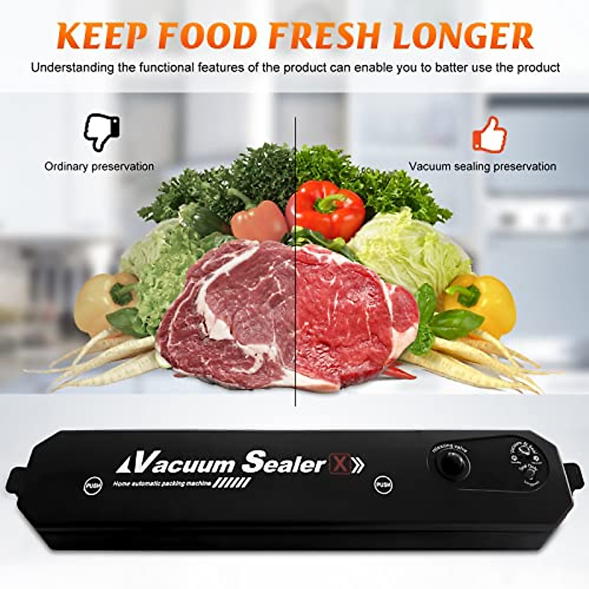Vacuum Sealer Machine for Food Srorage, Automatic Food Sealer Dry Moist Air Sealing System, with 10 Food Vacuum Sealers Precut Bags (Black, 60kPa)