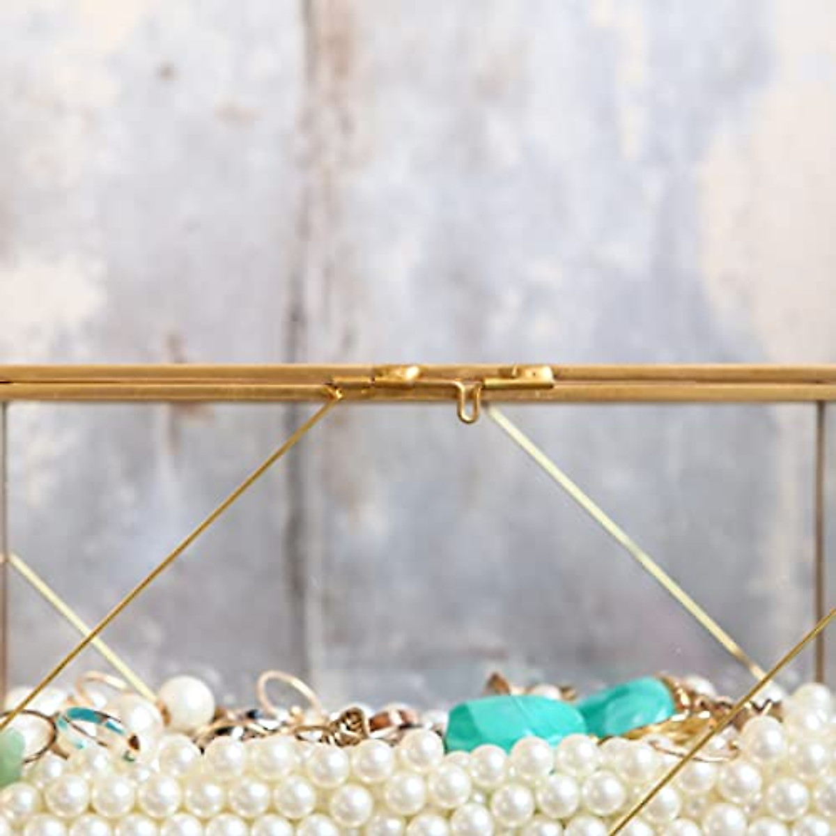 Utopz Decorative Clear Glass Box with Golden Geometric Line & Brass Shadow Box, Jewelry Display Treasure Case, 8 × 4.5 x 5 inch