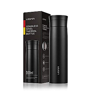 LEIDFOR Tea Thermos with Infuser for Loose Leaf Tea - Vacuum Insulated Tea Infuser Tumbler - Tea Bottle with Leak Proof Screw Lid Portable 17oz Black