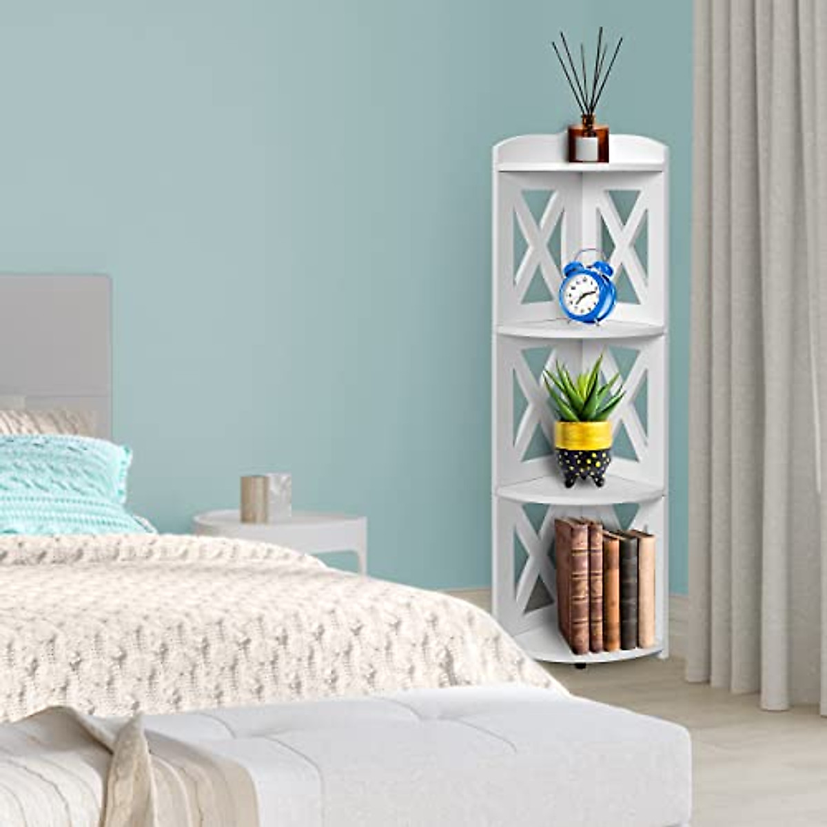 NHZ Corner Shelf Stand, Wood Corner Bookshelf, Corner Bookcase and Plant Stand (White, 4 Tier)