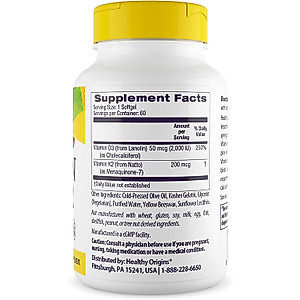 Healthy Origins Vitamin D3 & K2 - Vitamin D3, 50 mcg - Vitamin K2, 200 mcg - Easily Absorbable Vitamin D & Vitamin K Supplements - Non-GMO & Gluten-Free Supplements - 180 Softgels