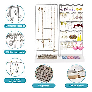 Vtopmart Jewelry Holder Organizer Stand Tree for Earring Necklace Ring Bracelets Display and Storage, with 90 Holes, 12 Hooks, Silver+White