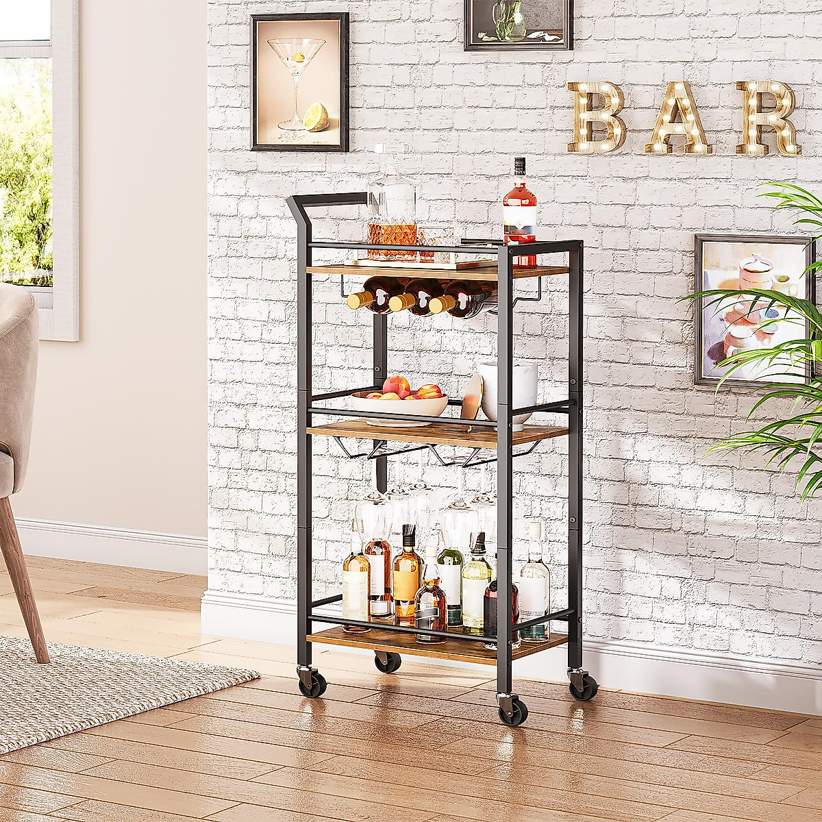 HOOBRO Bar Cart, Home Bar Serving Cart with 3-Tier Mirrored Shelf, Microwave Cart, Drink Cart, Mobile Kitchen Shelf with Wine Rack, Rolling Beverage Cart, Rustic Brown and Black BF38TC01