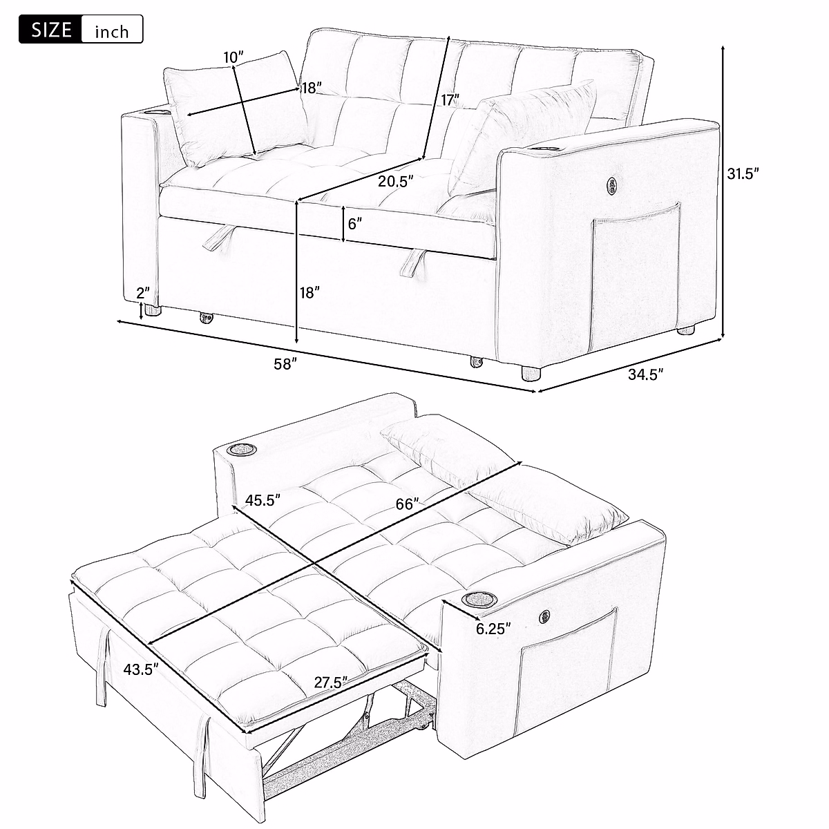 Harper & Bright Designs 55.3" 4-1 Multi-Functional Sofa Bed, Sleeper Sofa Bed with Cup Holder and USB Port for Living Room or Apartments, Cream White