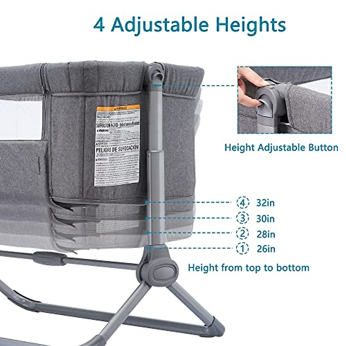 Pamo babe Bedside Bassinet for Baby Crib Quick One-Hand Folding Bedside Sleeper 4 Adjustable Heights Co-Sleeper